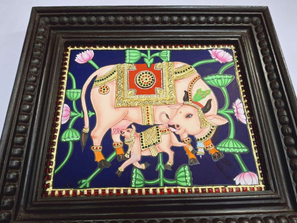 Kamadhenu Tanjore Painting - 22K Gold Foil Divine Cow Art