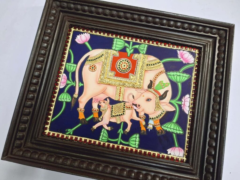 Kamadhenu Tanjore Painting - 22K Gold Foil Divine Cow Art