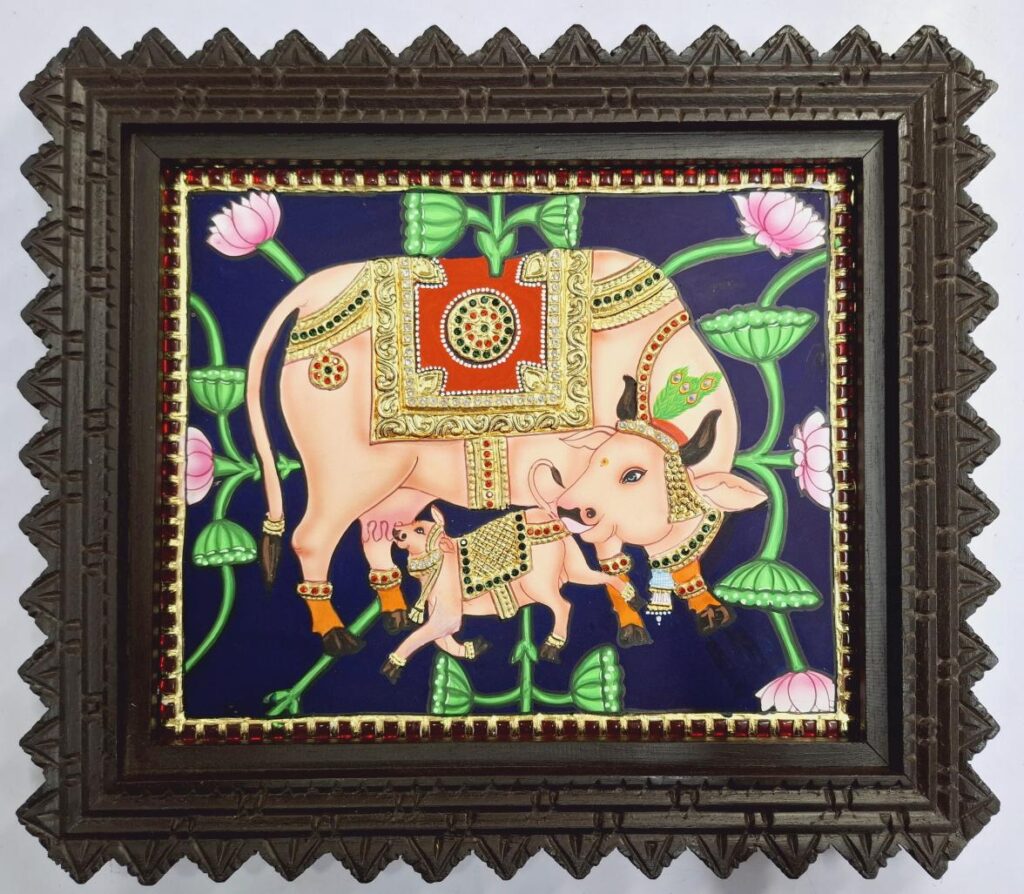 Kamadhenu Tanjore Painting - 22K Gold Foil Divine Cow Art
