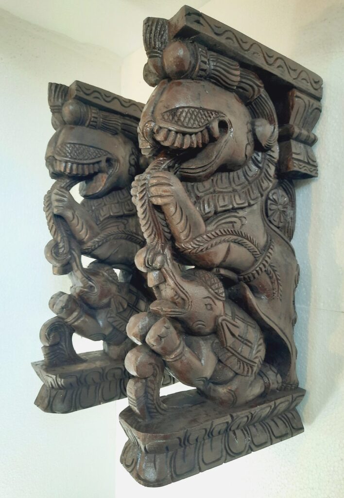 Wooden Yali Statue with Elephant Pair | Buy Wooden Sculpture | JLine Arts