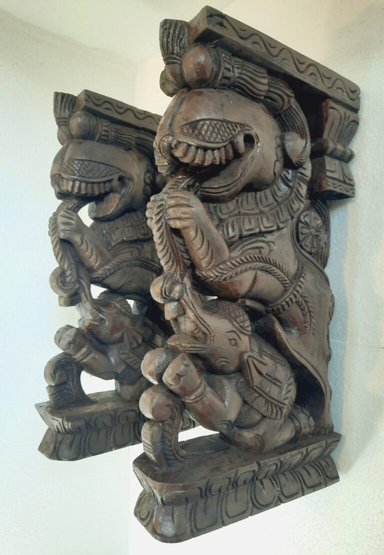 Wooden Yali Statue with Elephant Pair | Buy Wooden Sculpture | JLine Arts