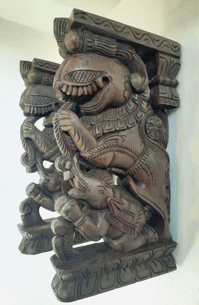 Wooden Yali Statue with Elephant Pair | Buy Wooden Sculpture | JLine Arts
