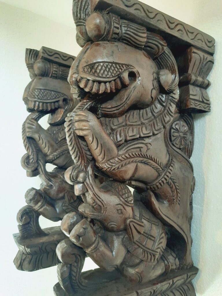 Wooden Yali Statue with Elephant Pair | Buy Wooden Sculpture | JLine Arts