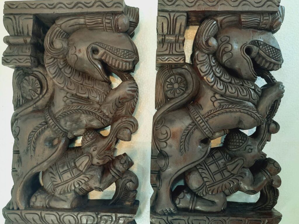Wooden Yali Statue with Elephant Pair | Buy Wooden Sculpture | JLine Arts