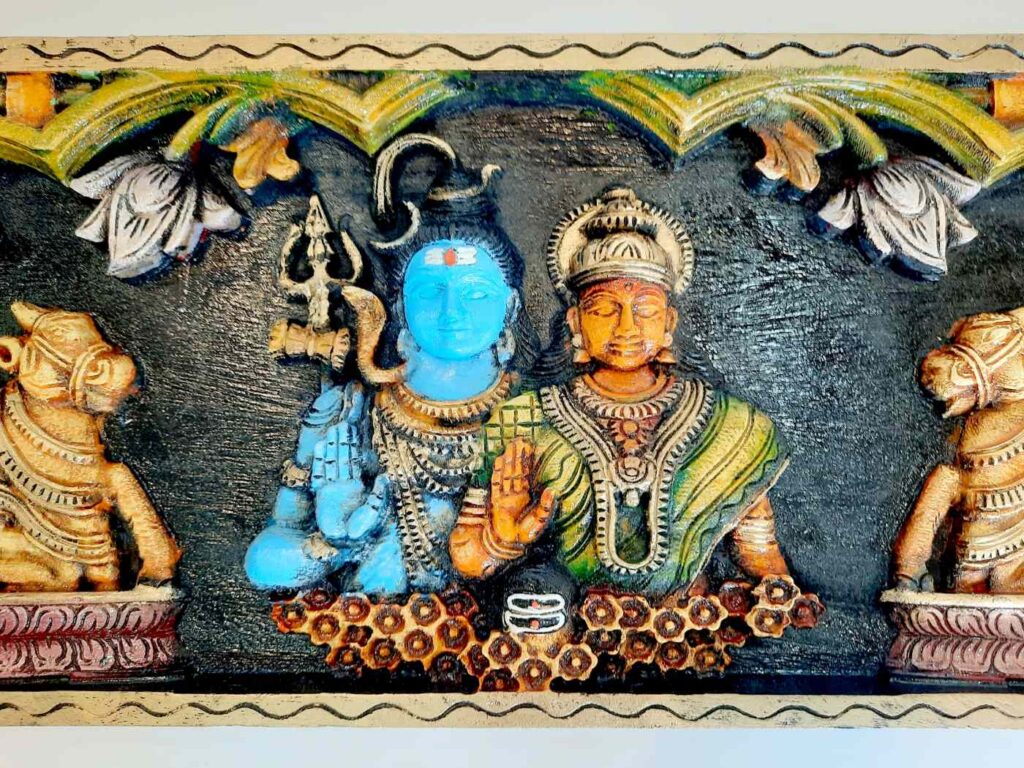 Wooden Shiva Parvathi Wall Panel | Buy Wooden Sculpture | JLine Arts