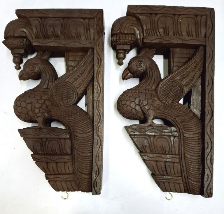 Peacock Wall Corbels Pair | Buy Wooden Sculpture | JLine Arts