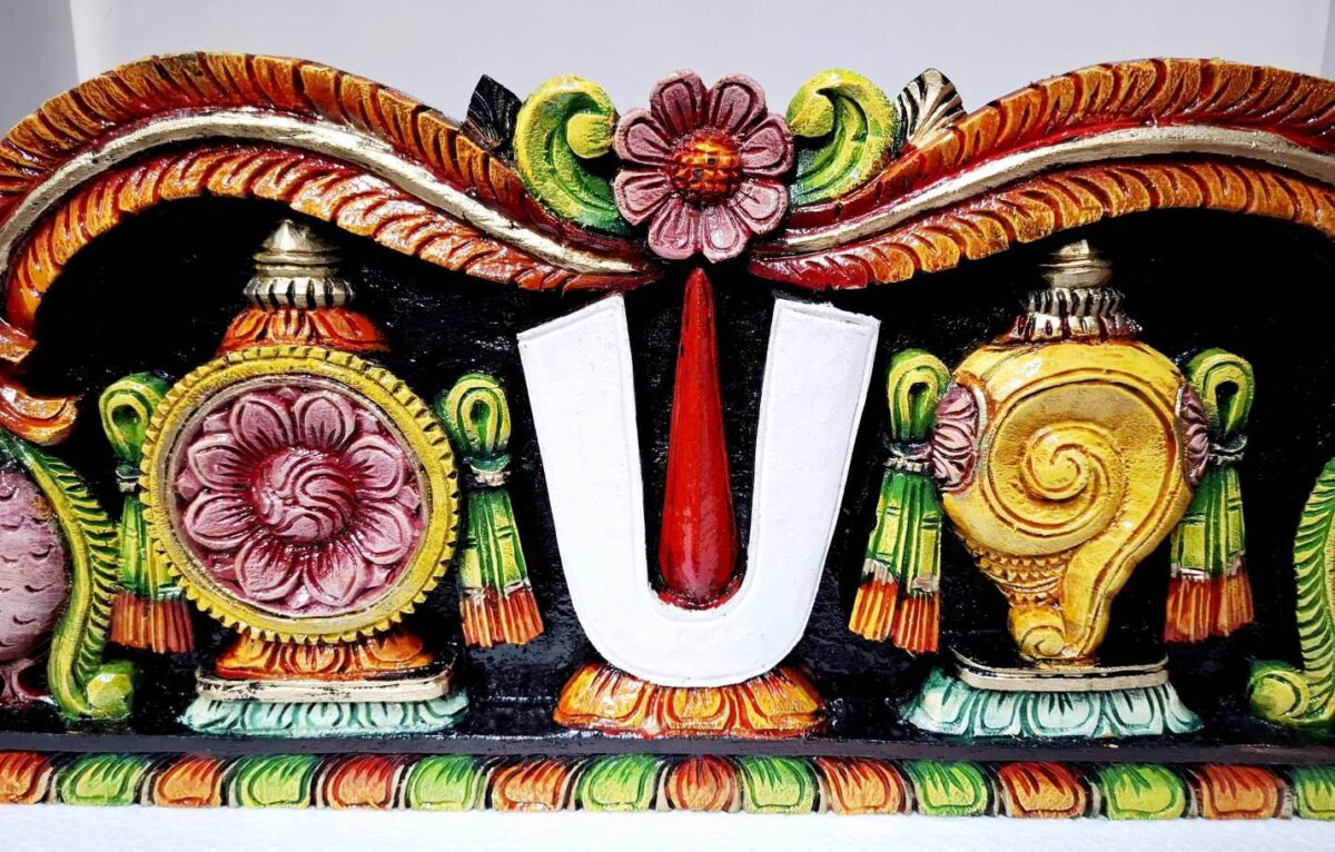 Wooden Shanku Chakra Namam Wall Panel 36 Inch | Hand Carved Temple Decor