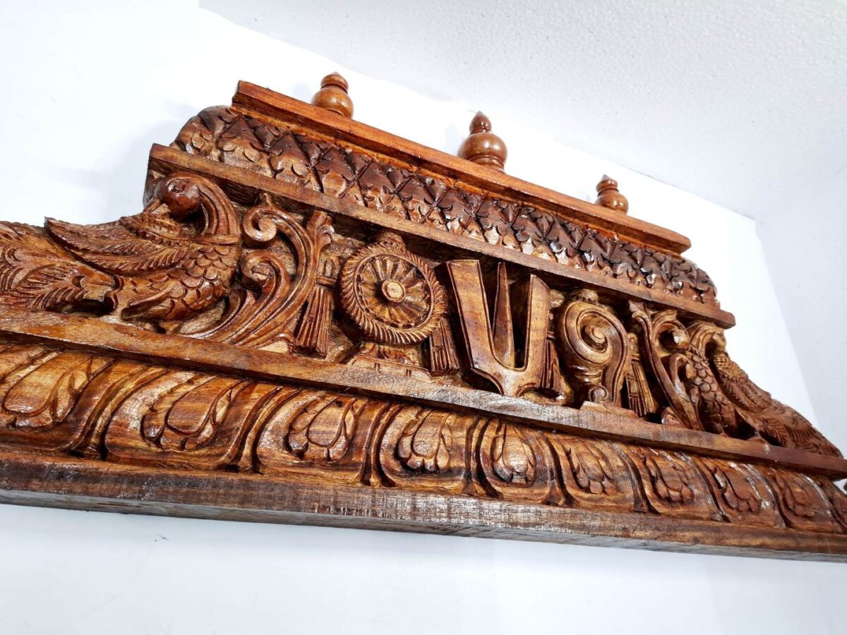 Wooden Temple Gopuram Wall Panel 36 Inch | Hand Carved Shanku Chakra Decor
