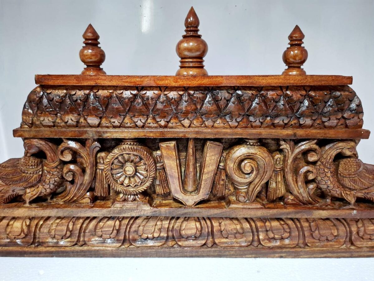 Wooden Temple Gopuram Wall Panel 36 Inch | Hand Carved Shanku Chakra Decor