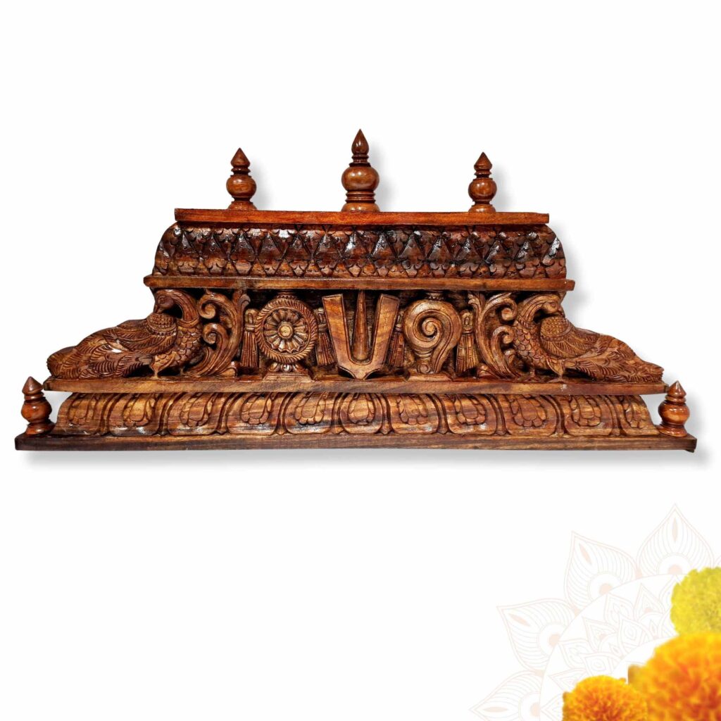 Wooden Temple Gopuram Wall Panel 36 Inch | Hand Carved Shanku Chakra Decor
